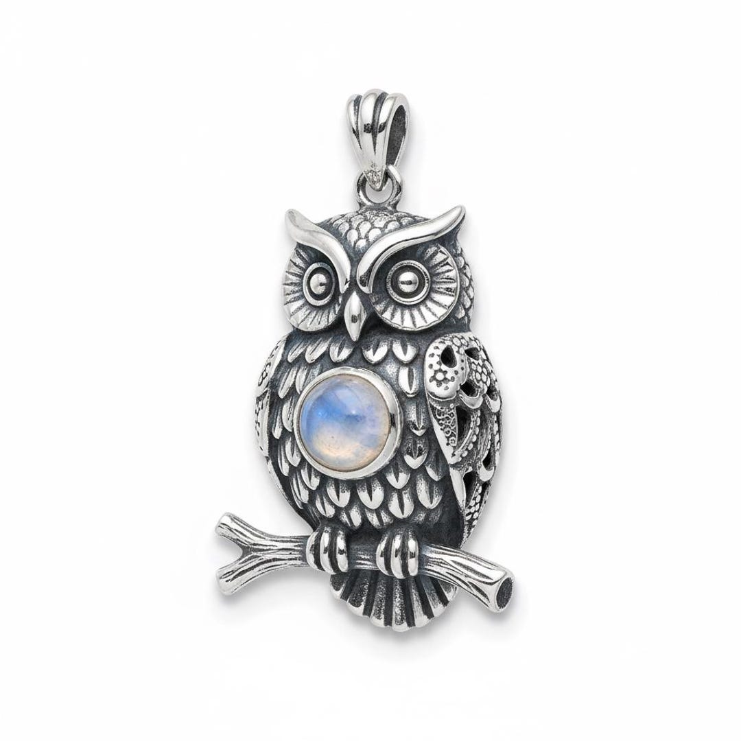 Oxidized Sterling Silver Owl Pendant | Moonstone Cabochon, Bird ...