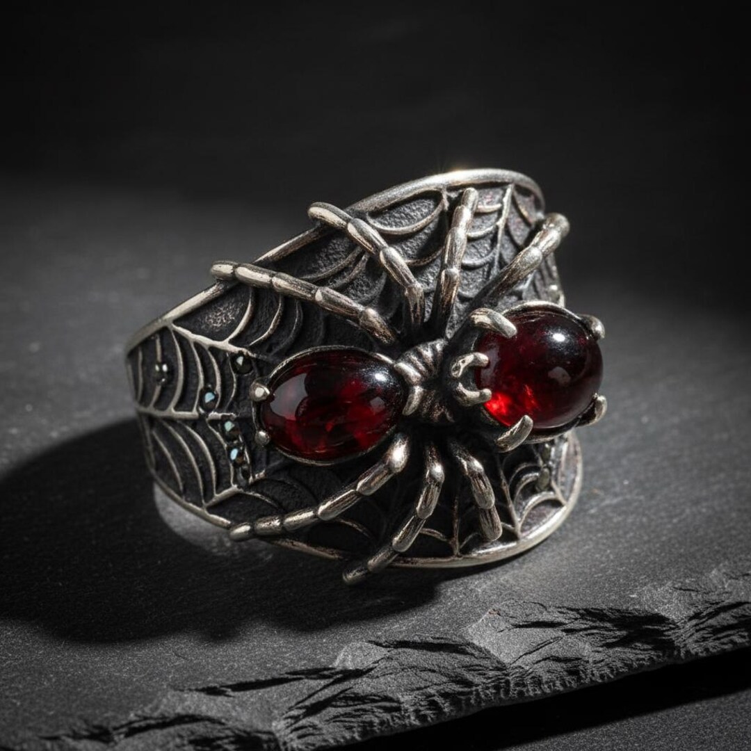 Gothic Spider Ring | Red Cabochon, Oxidized Sterling Silver - Etsy