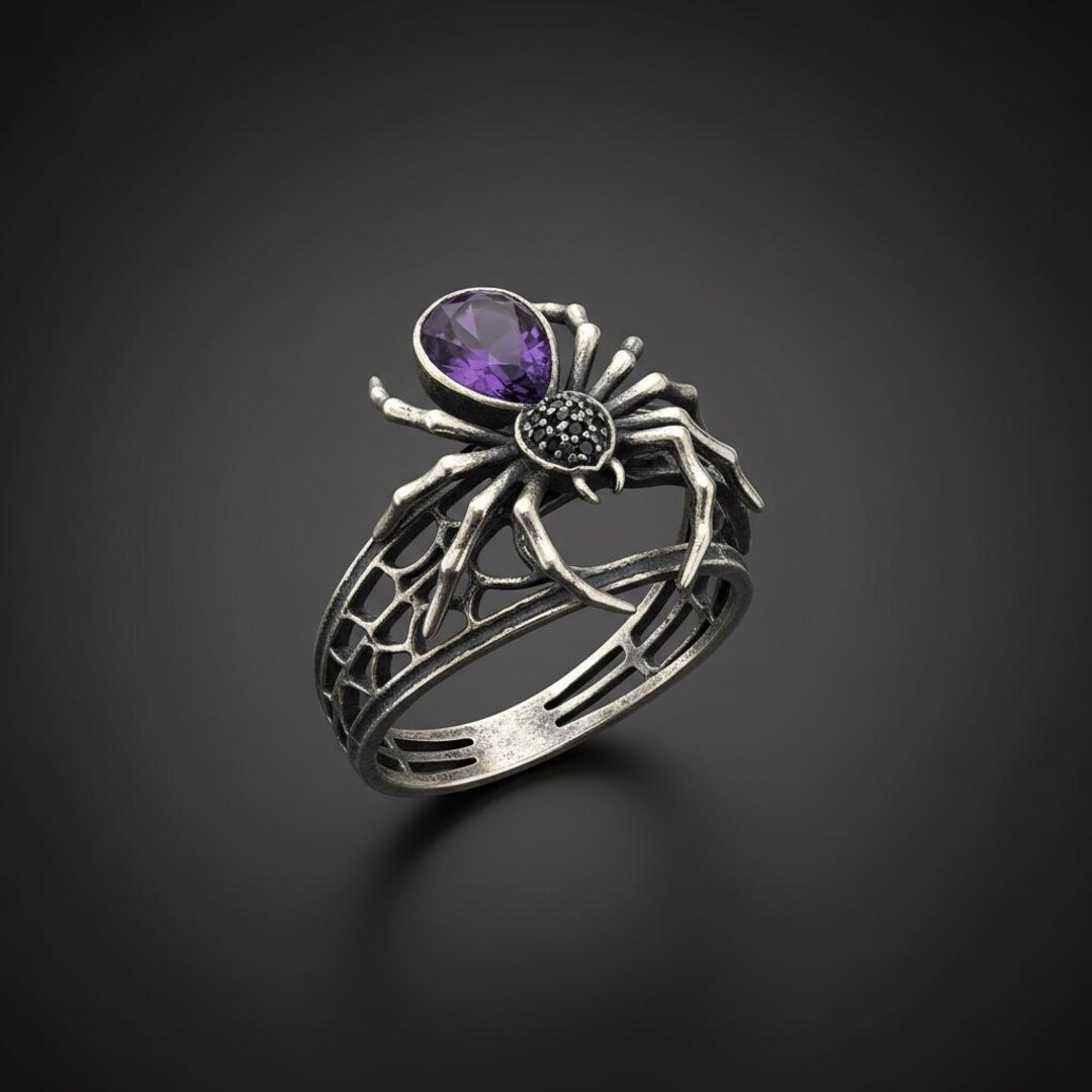 Gothic Sterling Silver Spider Ring, Amethyst & Black Spinel - Etsy