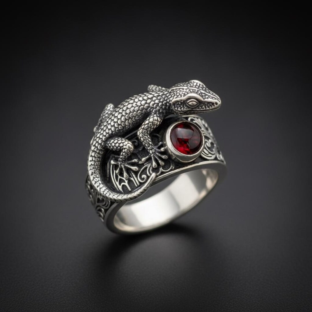 Gothic Lizard Ring | Sterling Silver Gecko Band With Red Garnet - Etsy