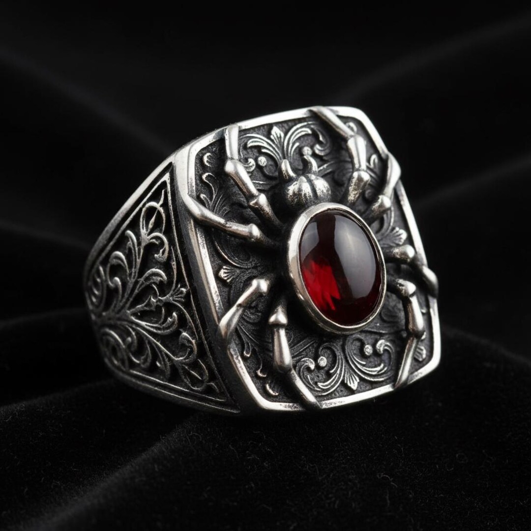Gothic Spider Signet Ring 925 Sterling Silver Red Cabochon Statement ...
