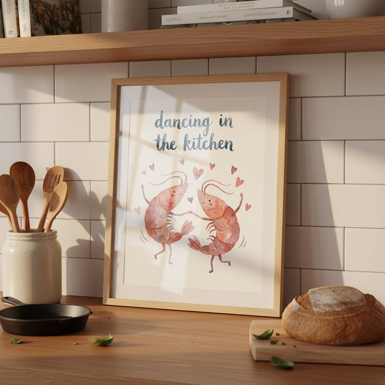 Tańczące krewetki, akwarelowy wydruk, zabawna sztuka kuchenna (pobranie ...