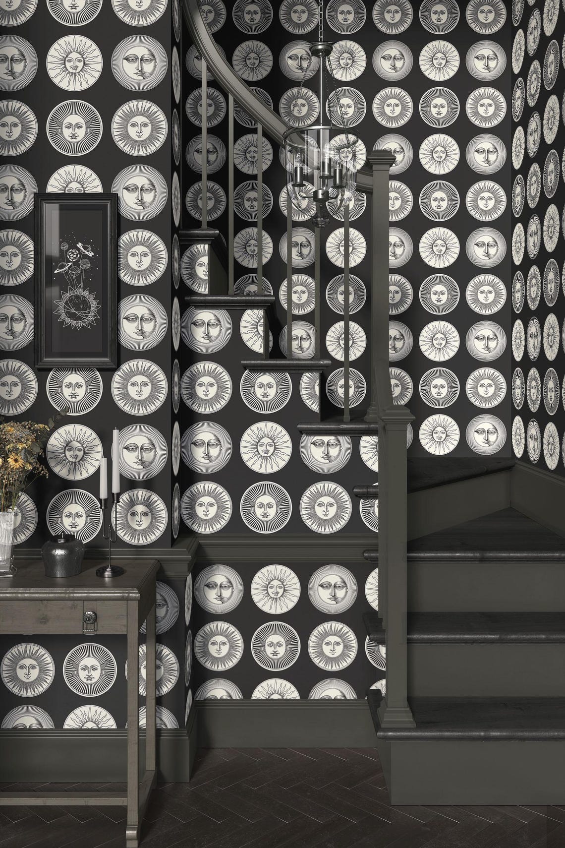 Celestial Esoteric Wallpaper | Dark Engraved Sun Face Pattern | Antique ...