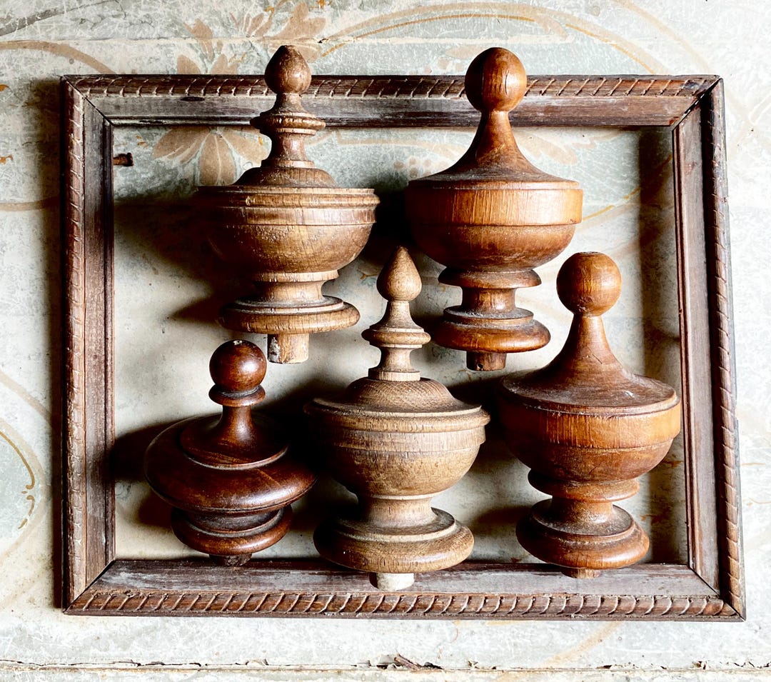 French Antique Wooden Finials. Set of 5 Hand Turned Hard Wood Finials ...