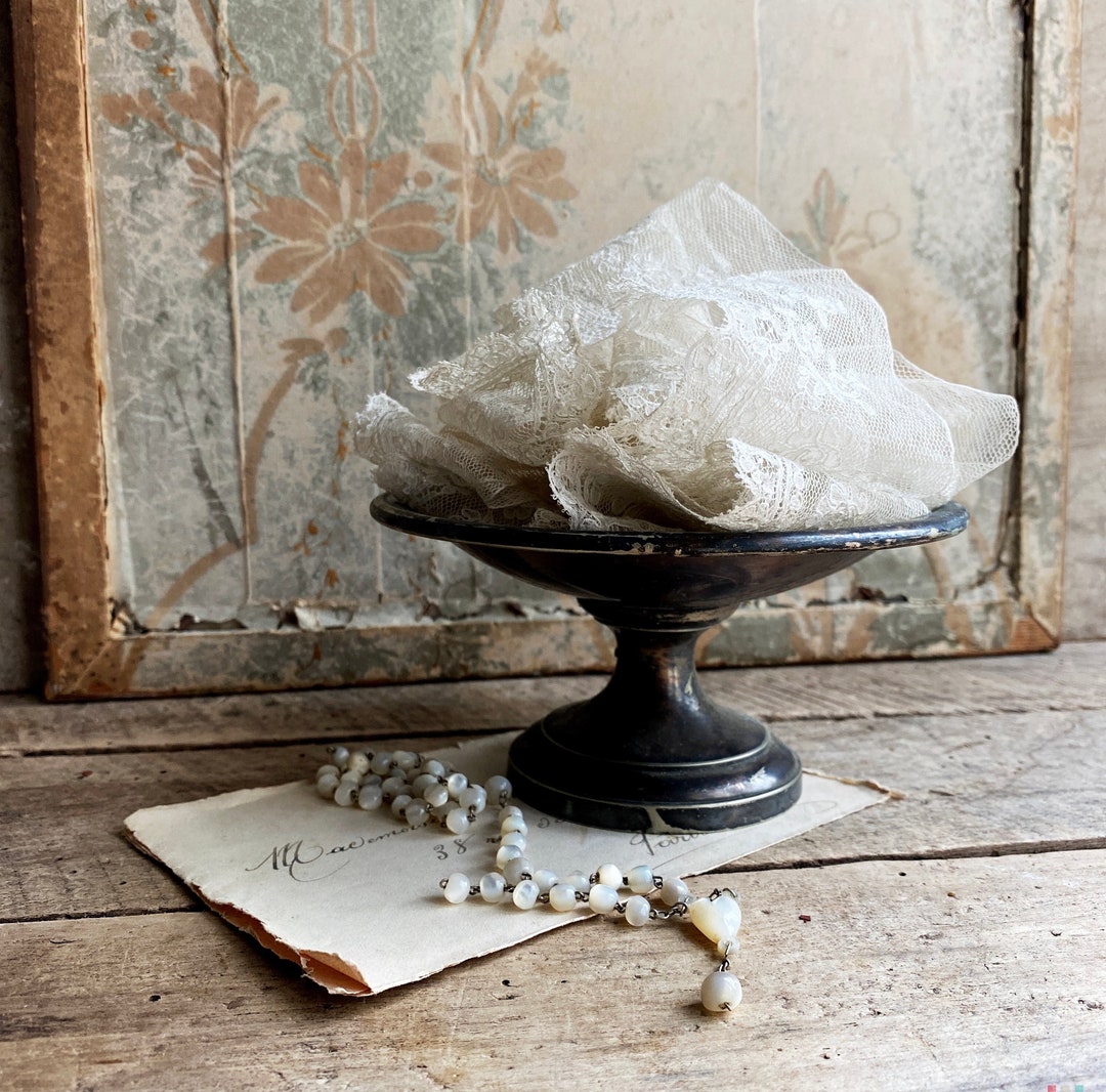 Antique French Bobbin Lace & Tiny Pedestal Dish. 18th Century Handmade ...