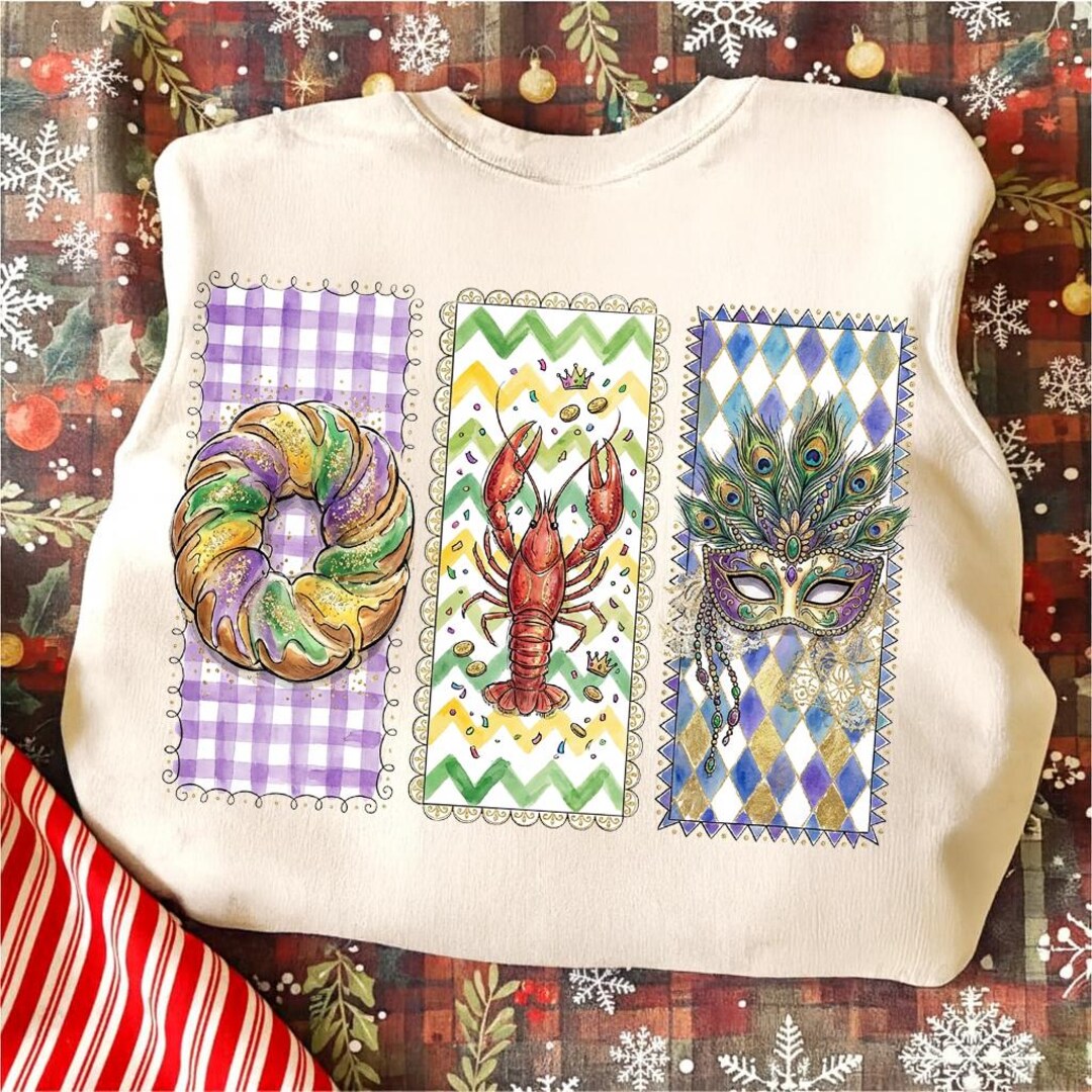 Mardi Gras Watercolor PNG Set, King Cake Crawfish Mask Clipart, Purple ...