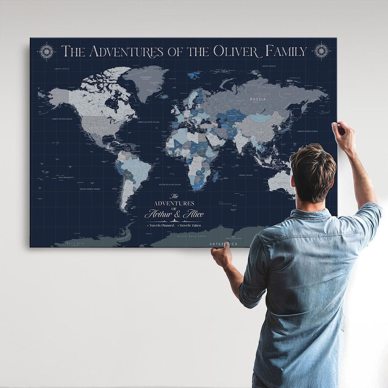 Large Custom World Map Wall Art Canvas Print, Personalized Travel Map ...