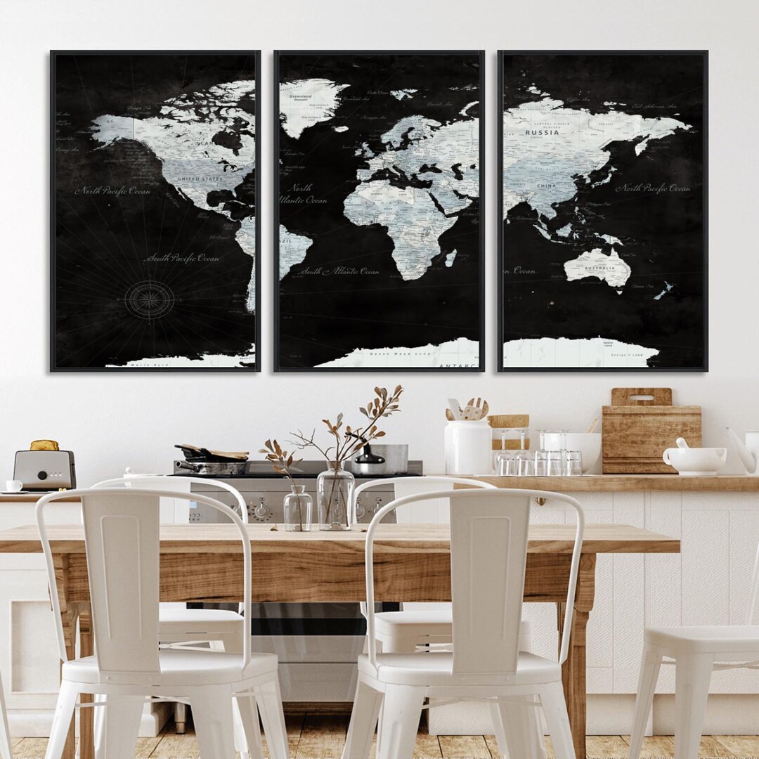 Modern Push Pin World Map Canvas Print, Country, City Names World Map ...