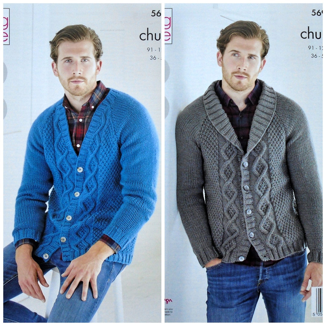 Mens Knitting Pattern K5692 Mens V-neck Cable Cardigan and Long Sleeve ...