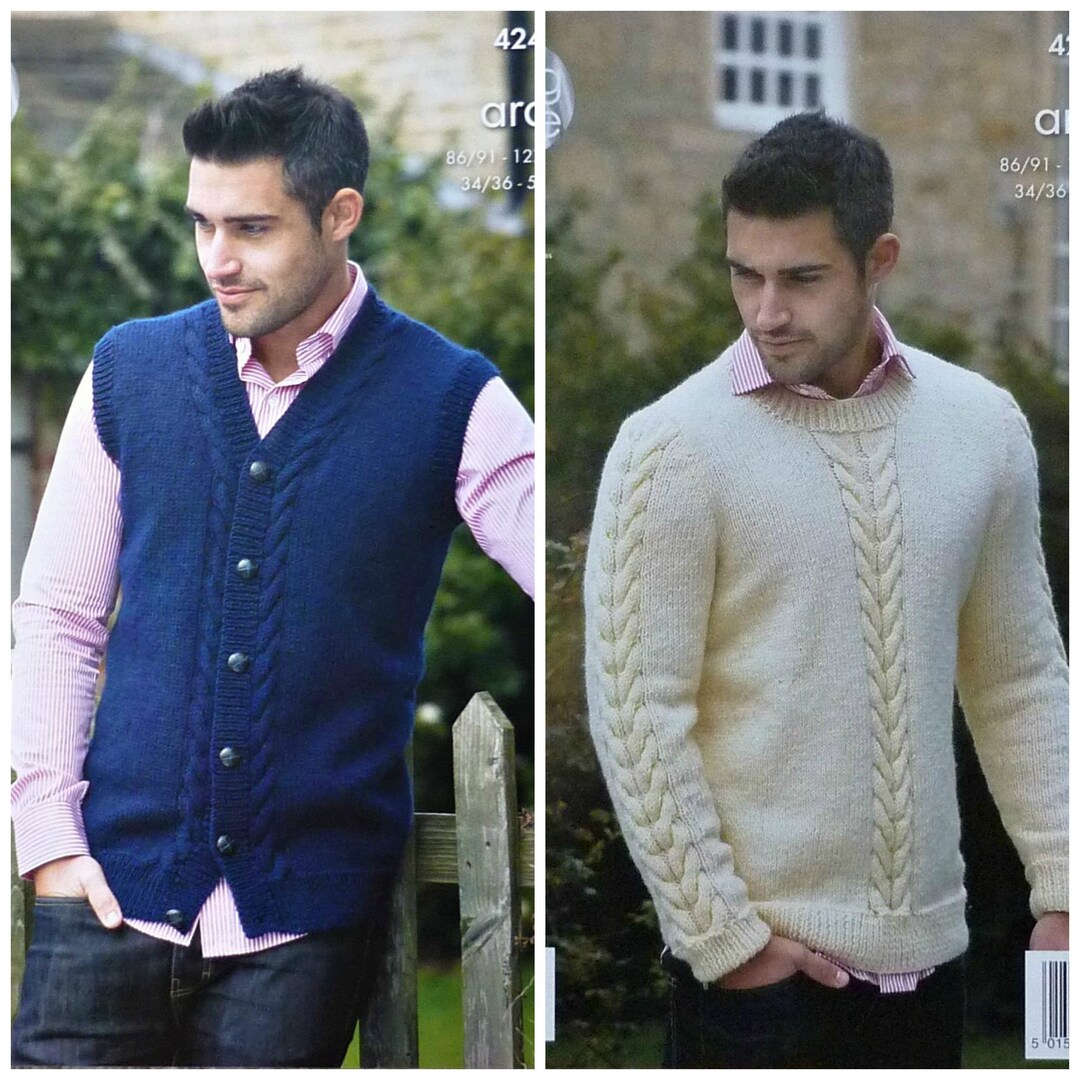 Mens Knitting Pattern K4241 Mens Cable Waistcoat and Jumper Aran ...