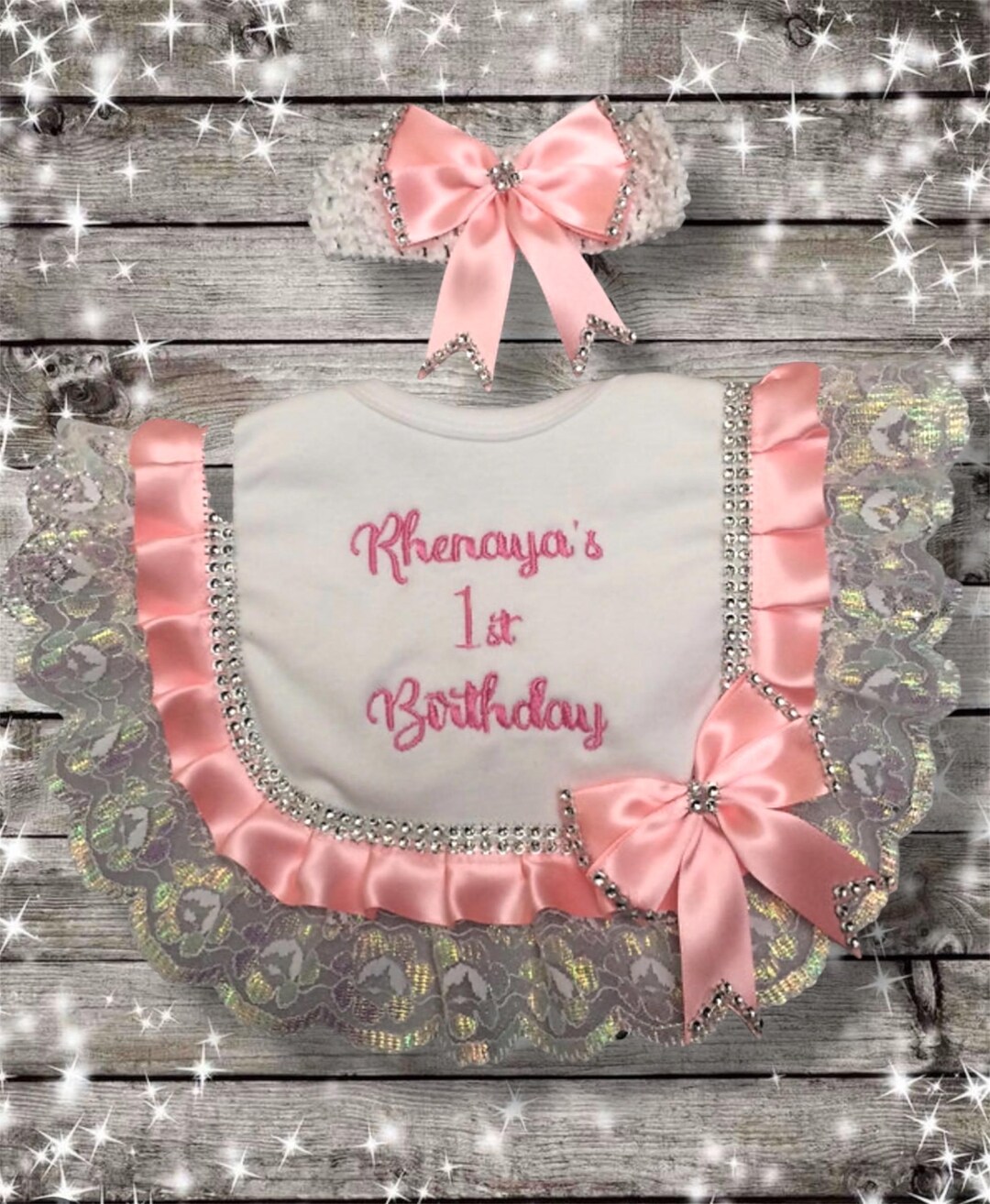 Personalised 1st Birthday Frilly Bling Embroidered Baby Bib With Bow ...
