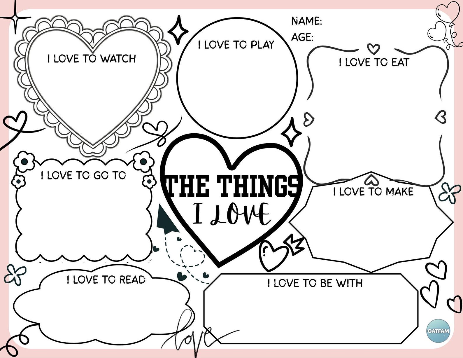 Things I Love Activity Sheet DIY Valentine's Day Kids Worksheet ...