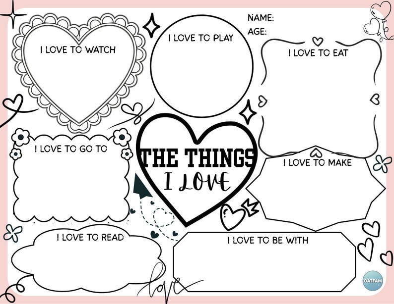 Things I Love Activity Sheet DIY Valentine's Day Kids Worksheet ...