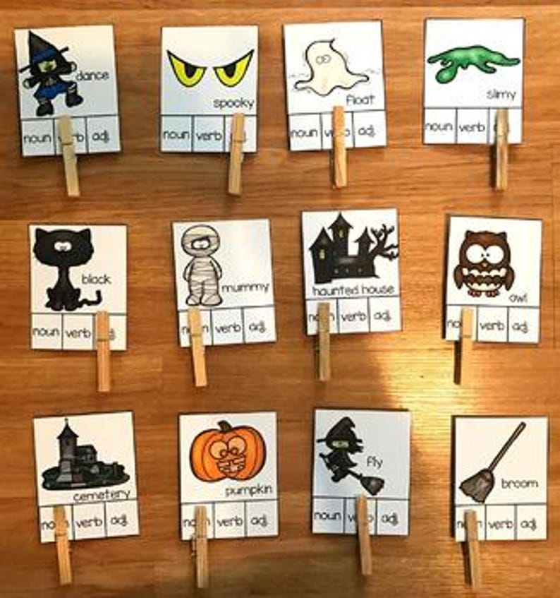 Halloween Parts of Speech Cards: Nouns, Verbs & Adjectives - Etsy