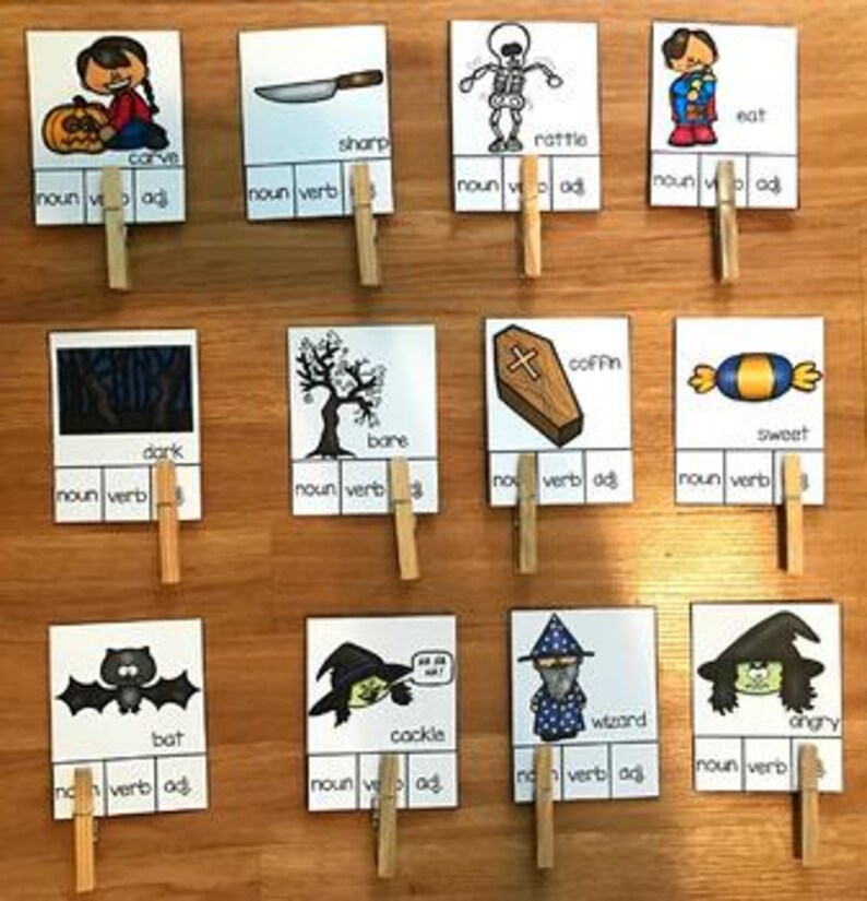Halloween Parts of Speech Cards: Nouns, Verbs & Adjectives - Etsy