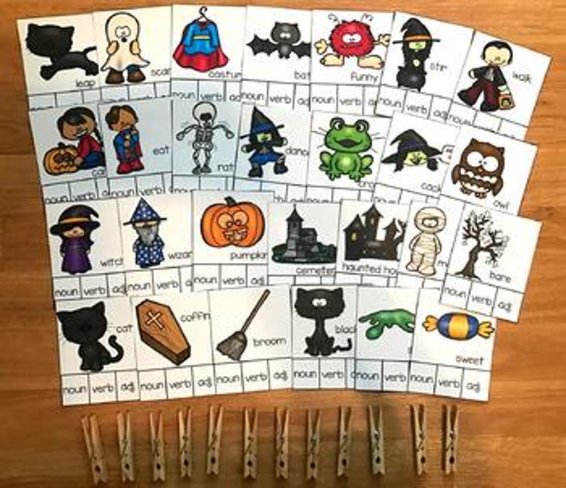 Halloween Parts of Speech Cards: Nouns, Verbs & Adjectives - Etsy
