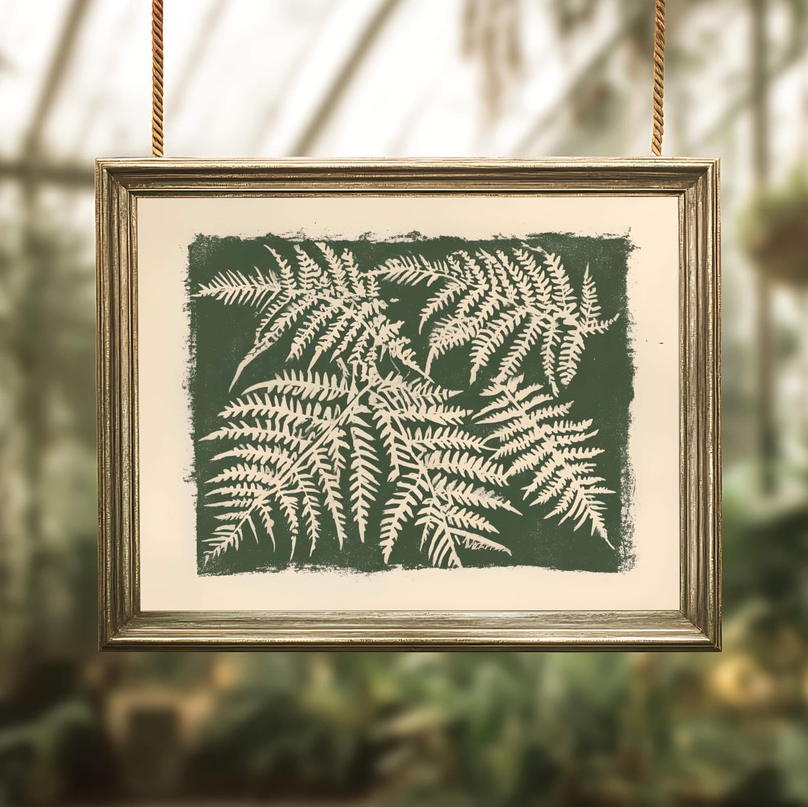 Green Fern Leaf Print | Botanical Lino Style Wall Art | Minimalist Fern ...