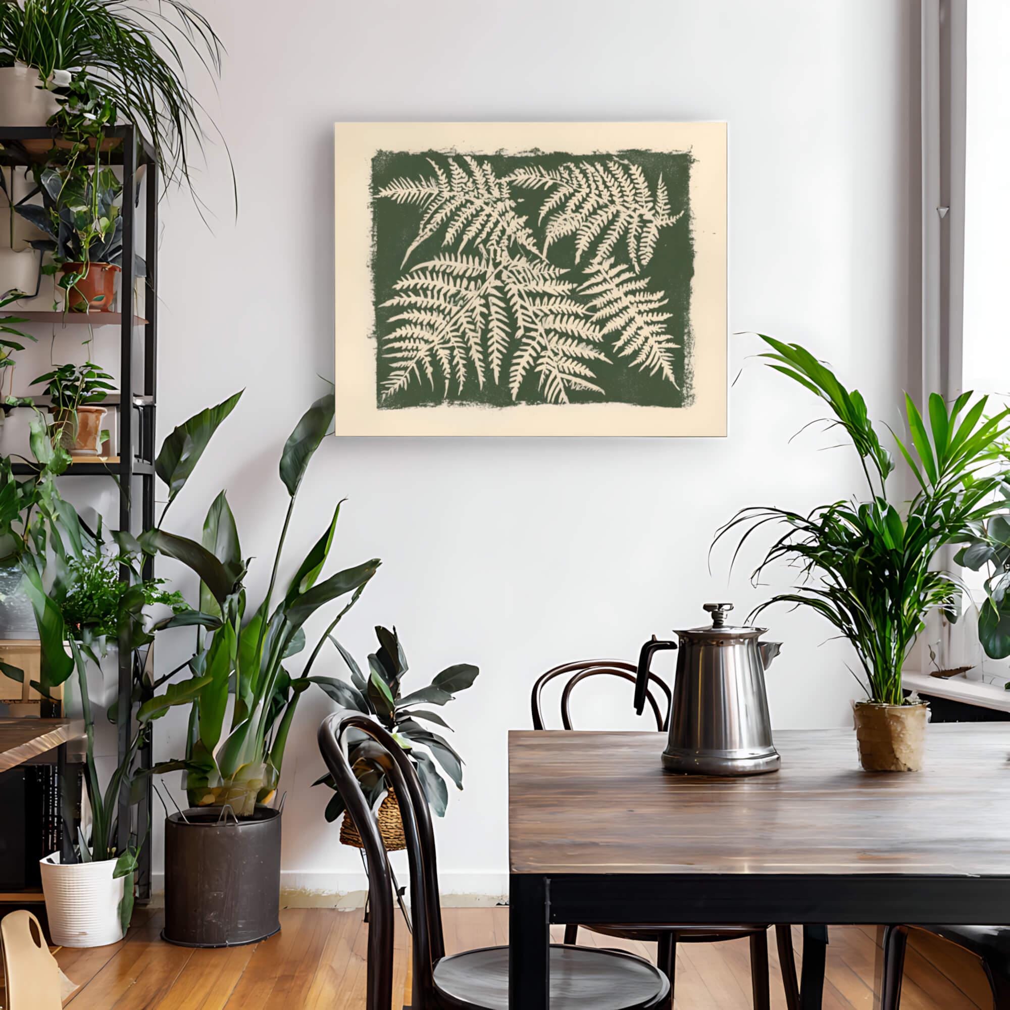 Green Fern Leaf Print | Botanical Lino Style Wall Art | Minimalist Fern ...