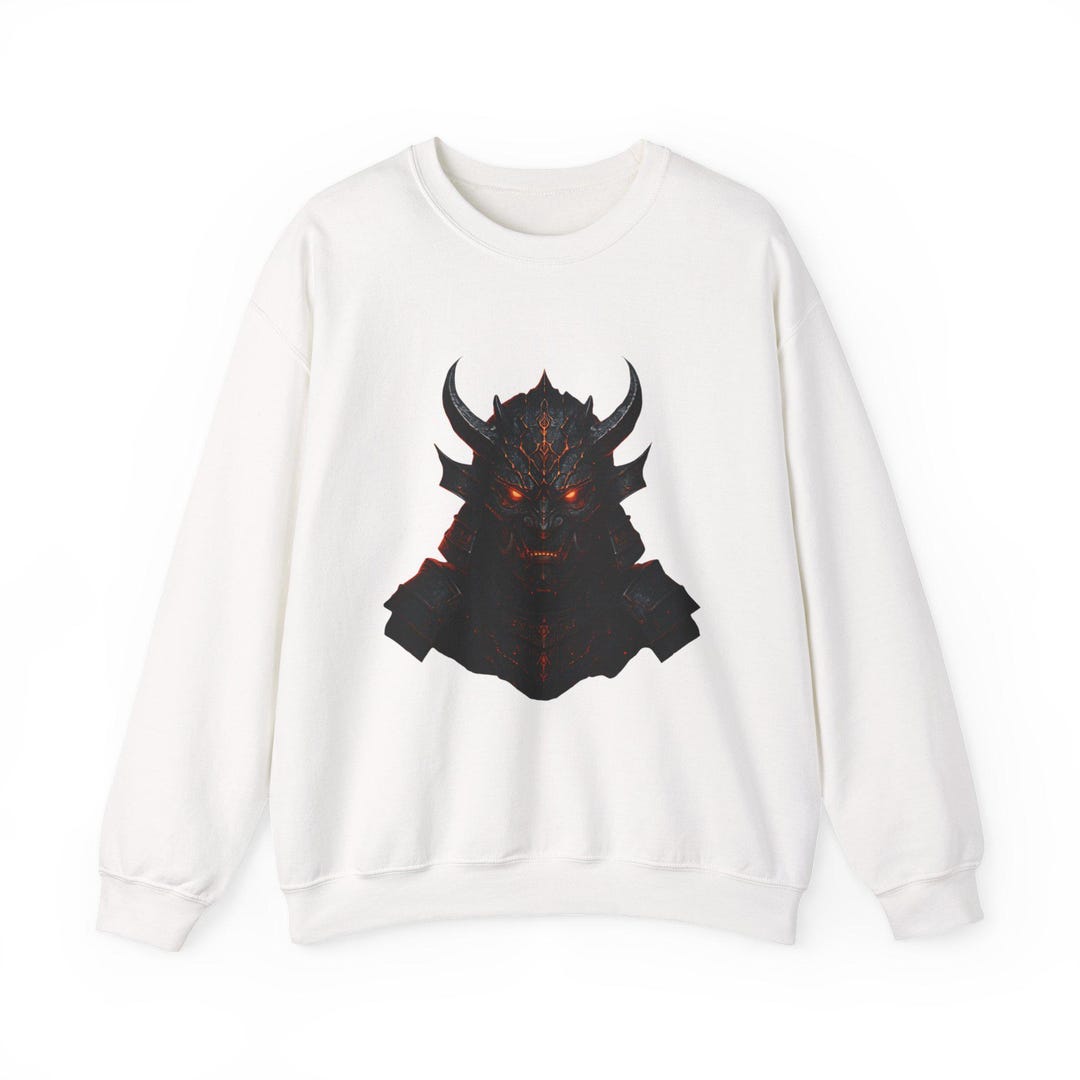 Dark Demon Helmet Illustration Sweatshirt | Fiery Eyes Gothic Samurai ...