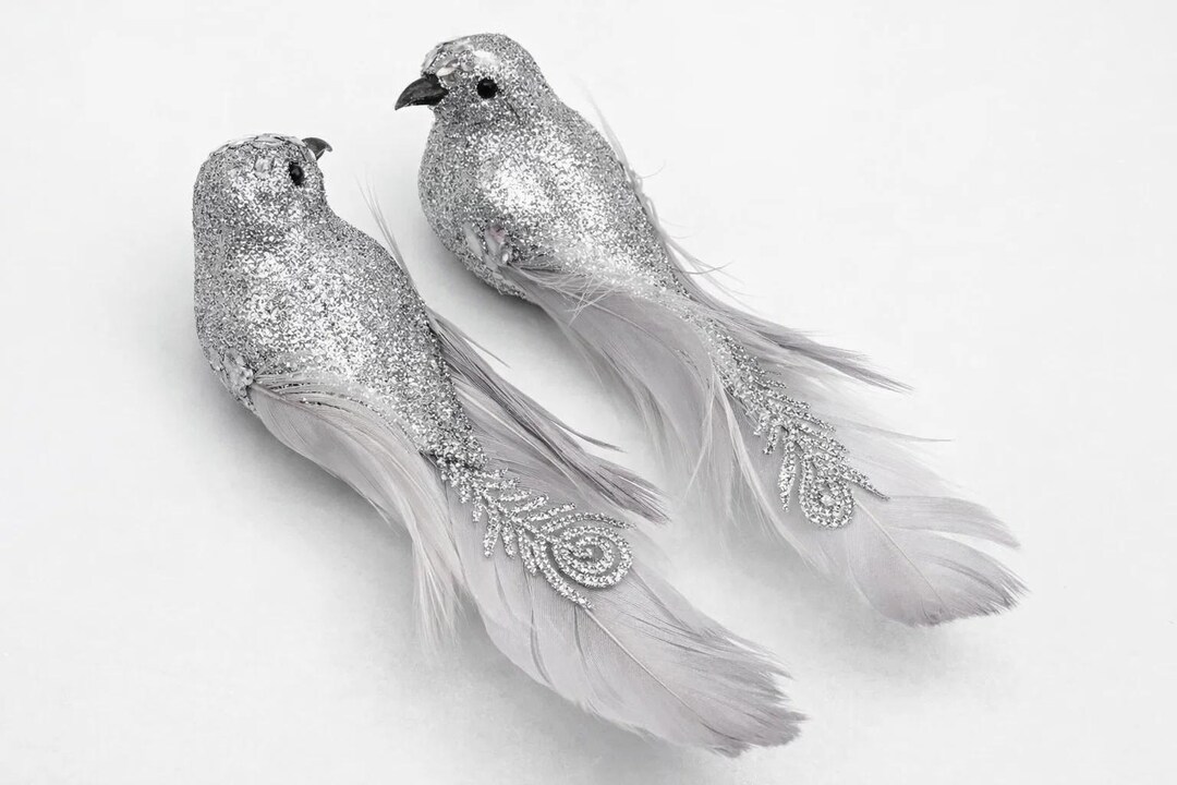 2pcs Silver Glitter Bird Clip on Ornaments 6” Christmas Tree Birds for ...