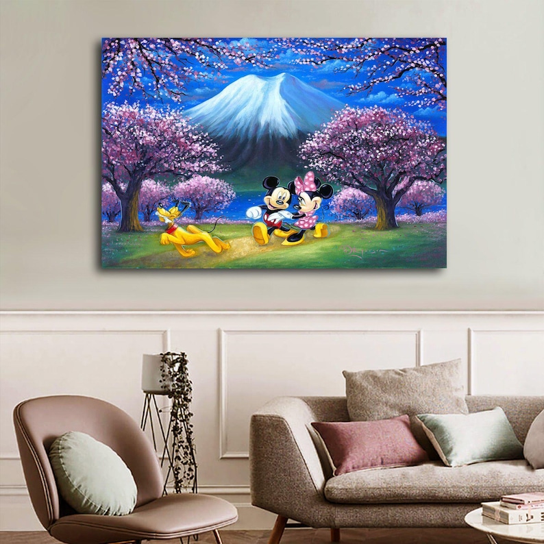 Mickey and Minnie Cherry Blossom Trees Painting on Canvas Wall Art ...