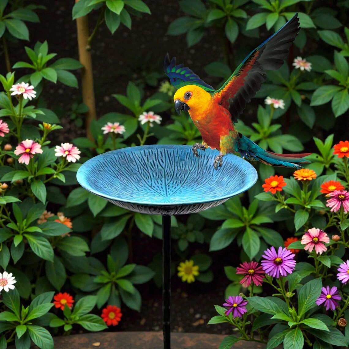 Blue Leaf Bird Bath, Rustic Metal Garden Stake, Outdoor Yard Art - Etsy