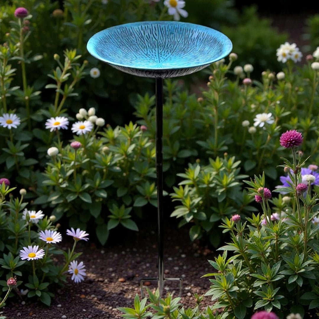Blue Leaf Bird Bath, Rustic Metal Garden Stake, Outdoor Yard Art - Etsy