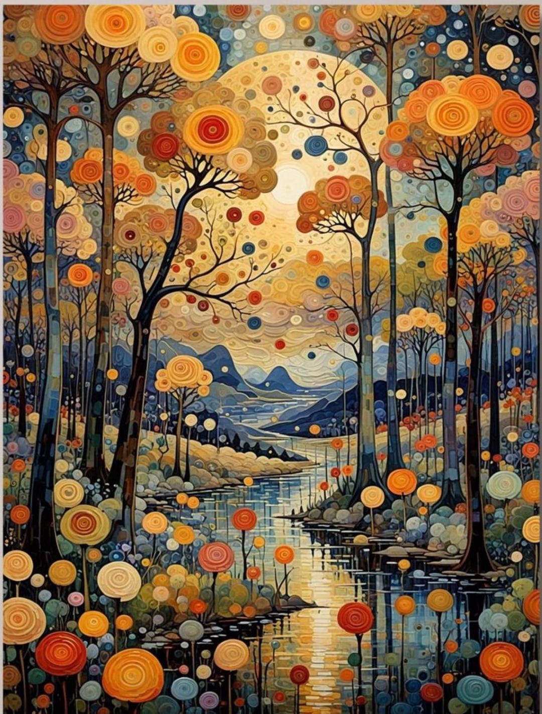 Abstract Forest at Sunset Canvas Art – Colorful Trees & Lake Reflection ...