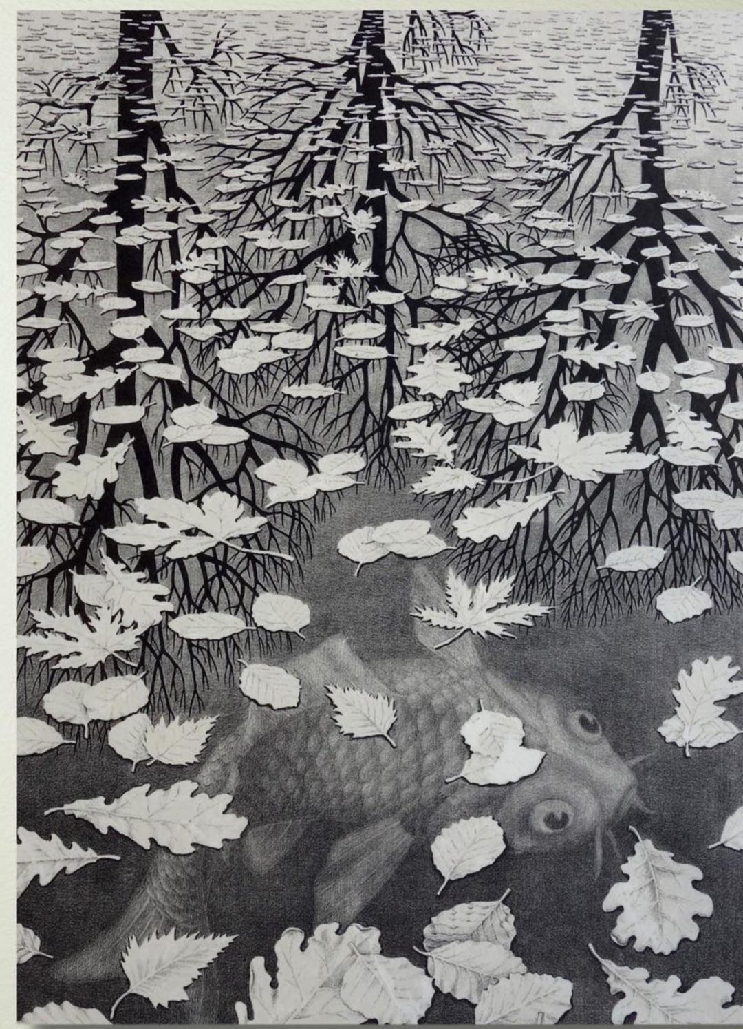 MC Escher Three Worlds Canvas Wall Art, Nature Reflection & Koi Fish ...