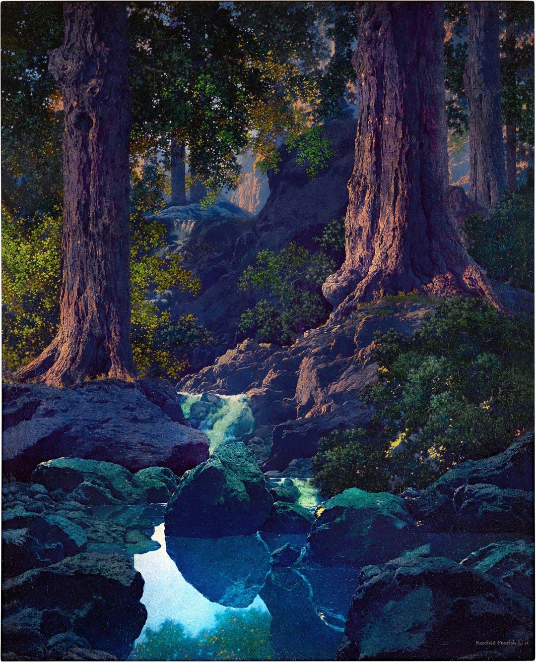 Maxfield Parrish the Glen Canvas Art, Vintage Blue Landscape Painting ...