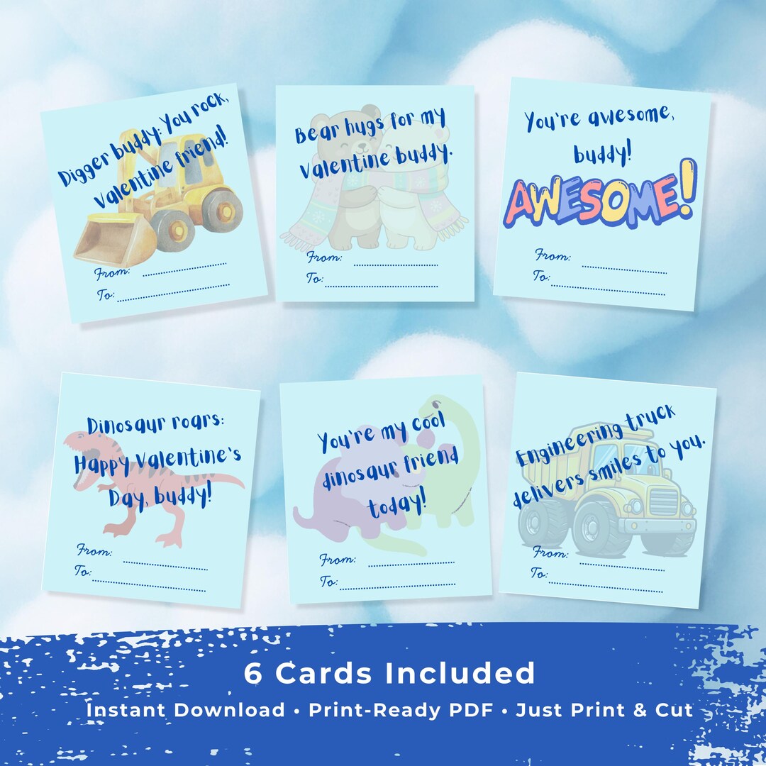 Valentine Cards for Kids Printable, Truck & Dinosaur, 6 Minis Cards ...