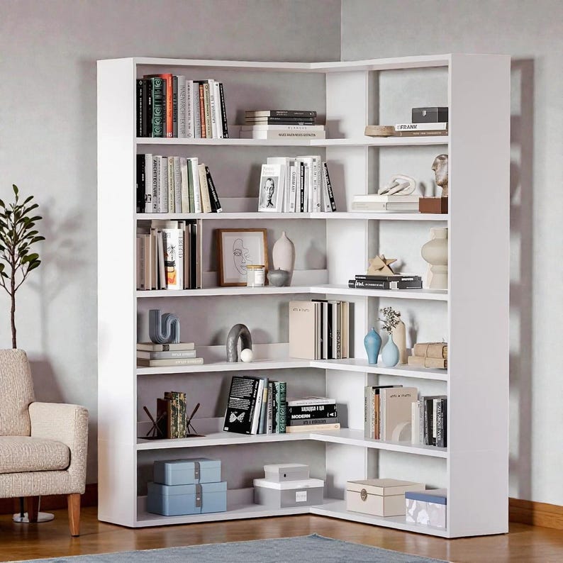 White Corner Bookshelf, L-shaped 6-tier Wooden Display, 71.5 Inch - Etsy