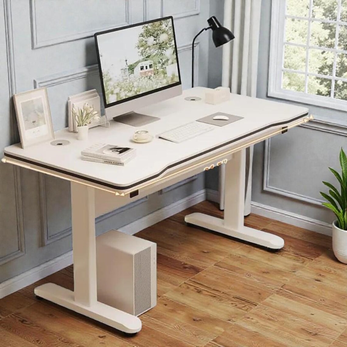 Gaming Desk With T-shaped Metal Frame, Computer Writing Table for Home ...