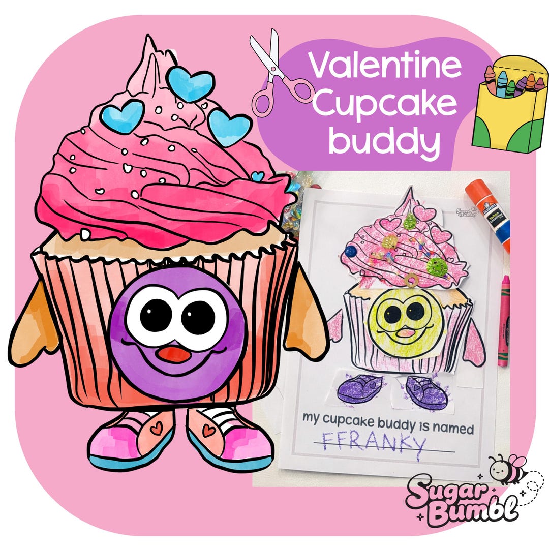 Valentine Cupcake Buddy Craft | Printable Kids Valentine Activity | Cut ...