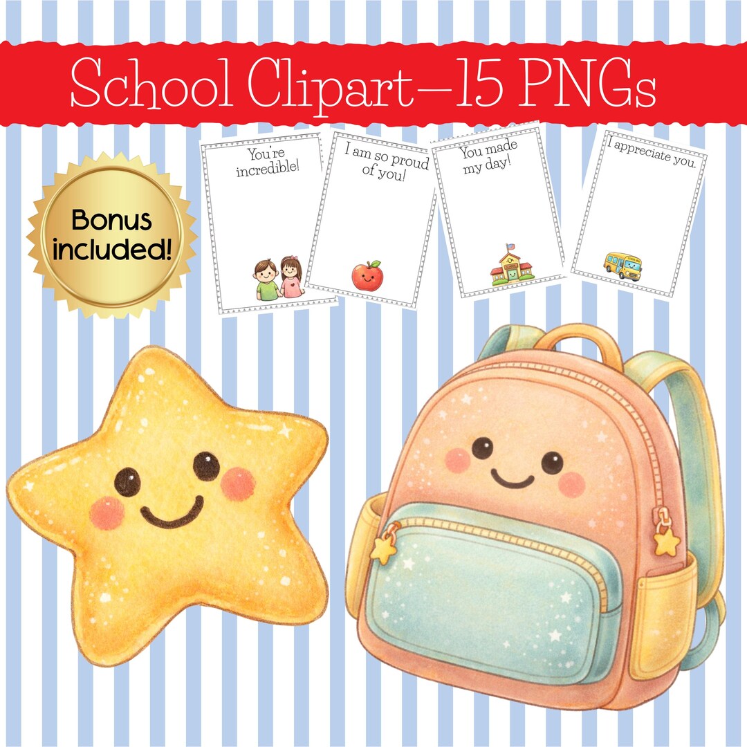 Cute School Clipart Bundle – 15 Kawaii Classroom Pngs, Teacher ...