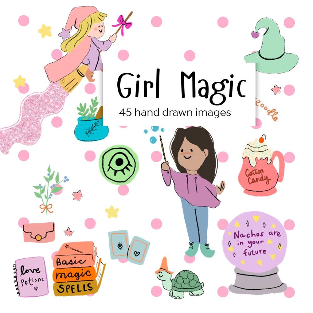 Girl Magic Clipart, Wizard and Witch Charm Drawings, Hand Drawn Sorcery ...