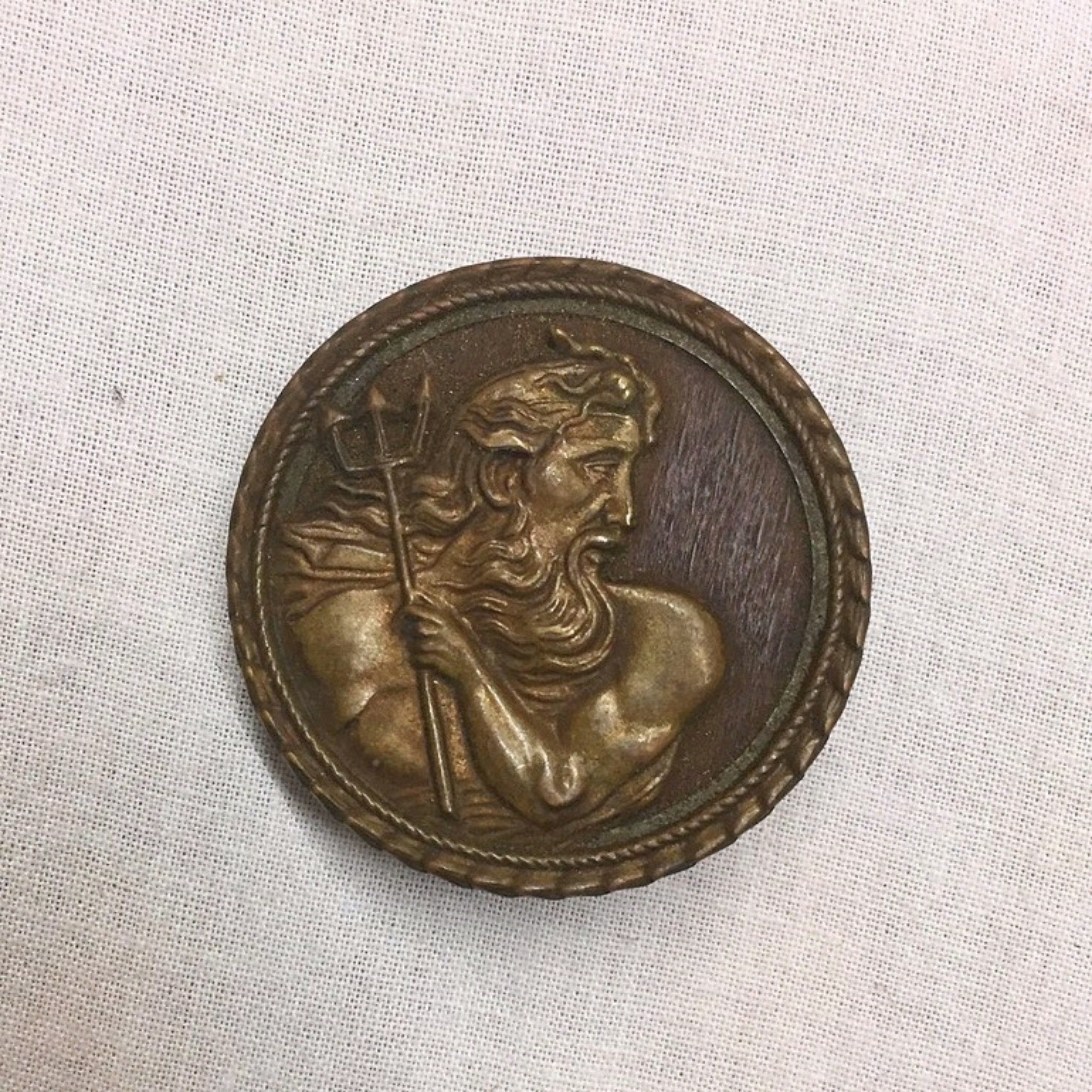 Antique 19th C Victorian Brass & Wood Large Button Greek God Poseidon ...
