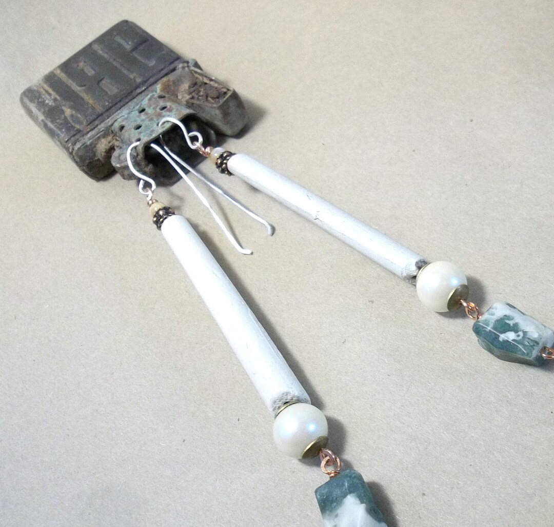 Ceramic Pipe Stems Pearls & Frosted Stone Earrings - Etsy