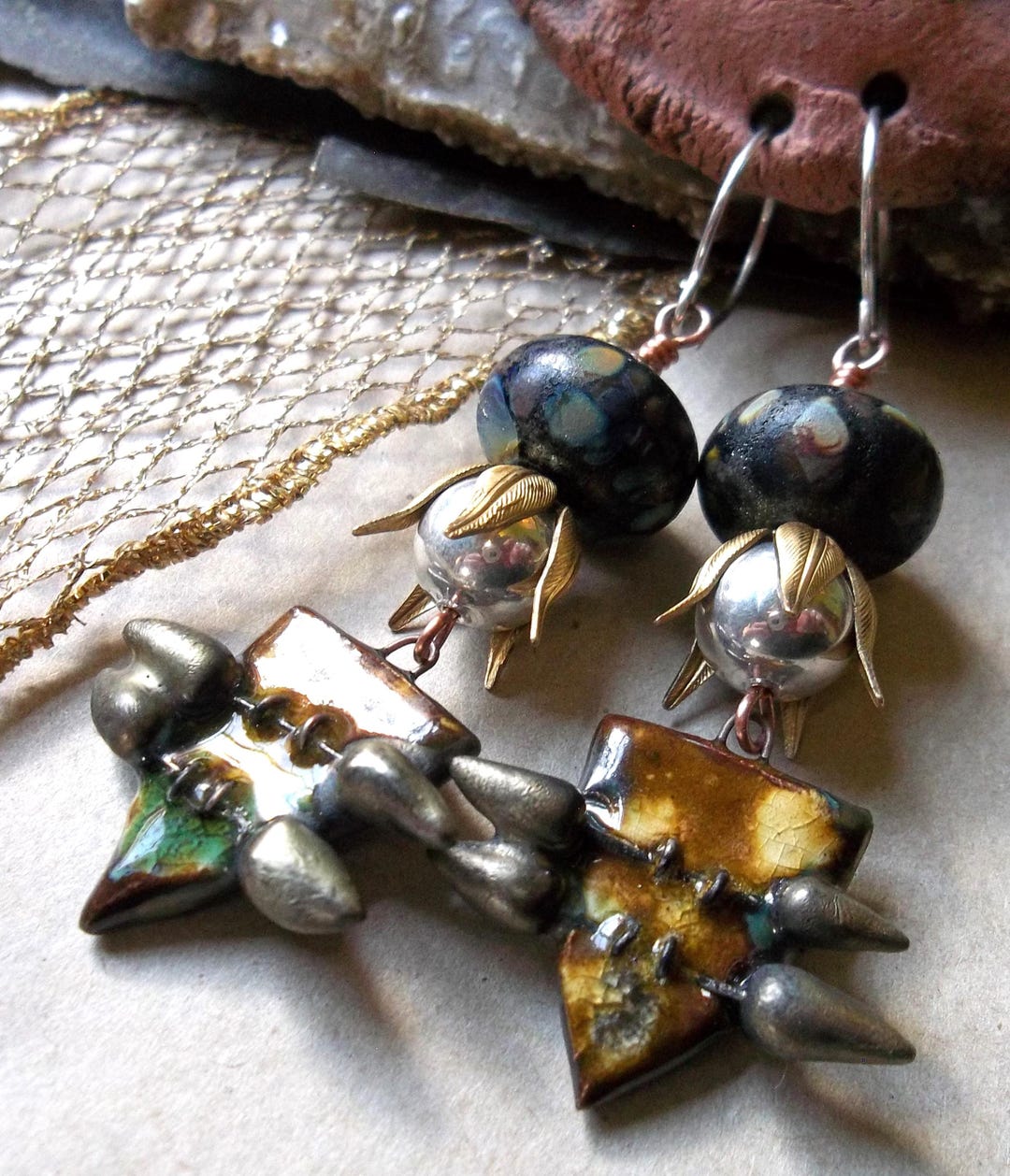 Lamp Worked Glass & Ceramic Shield Earrings - Etsy