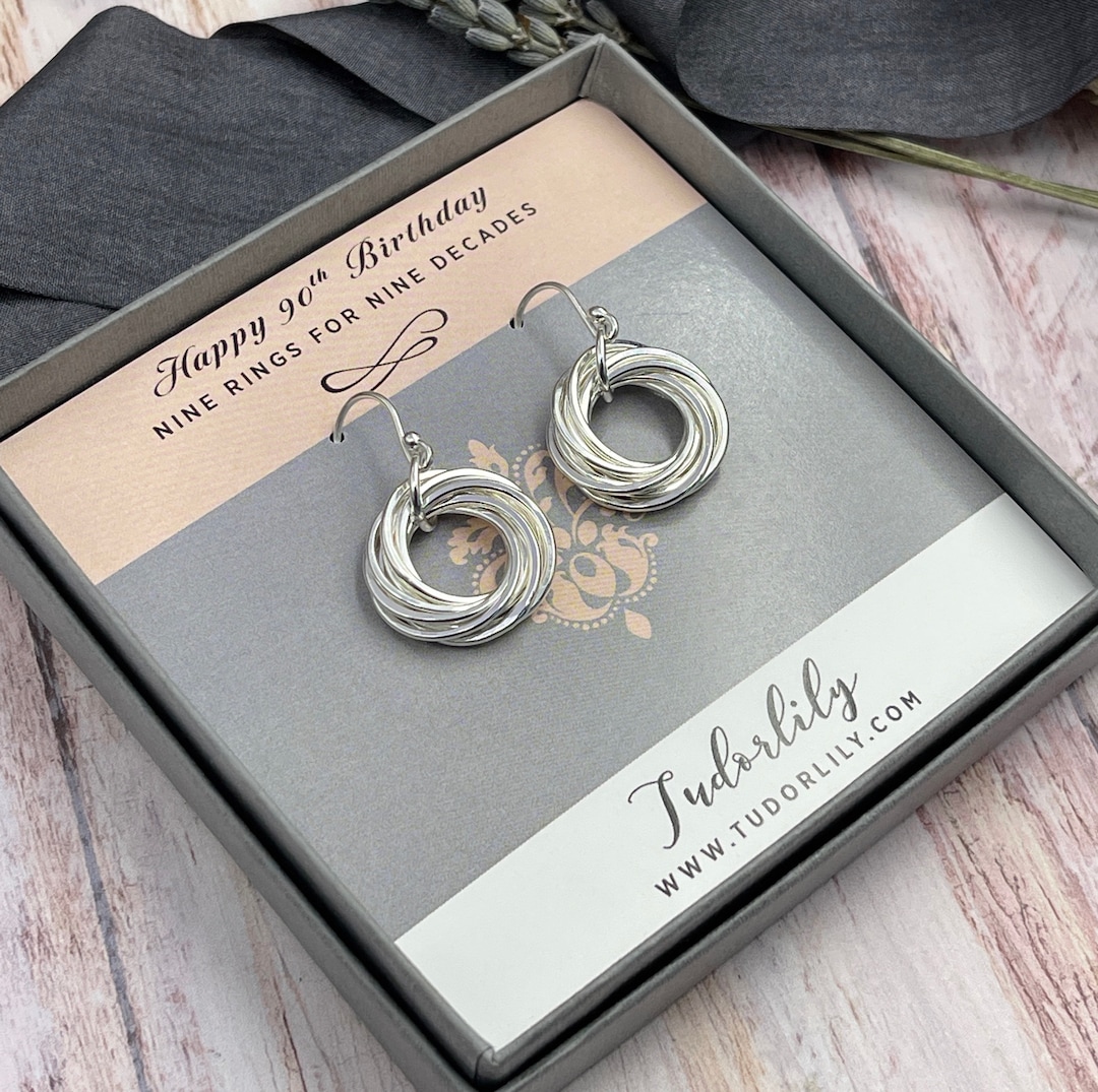 9 Interlocking Rings, Silver Earrings, 90th Birthday, 9 Rings, Circle ...