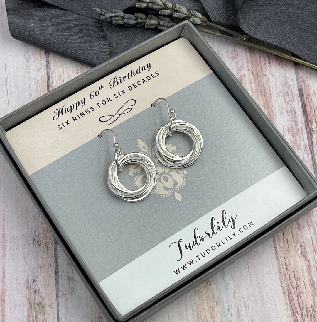 6 Interlocking Rings, Silver Earrings, 60th Birthday, 6 Rings, Circle ...
