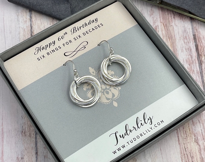 6 Interlocking Rings, Silver Earrings, 60th Birthday, 6 Rings, Circle ...