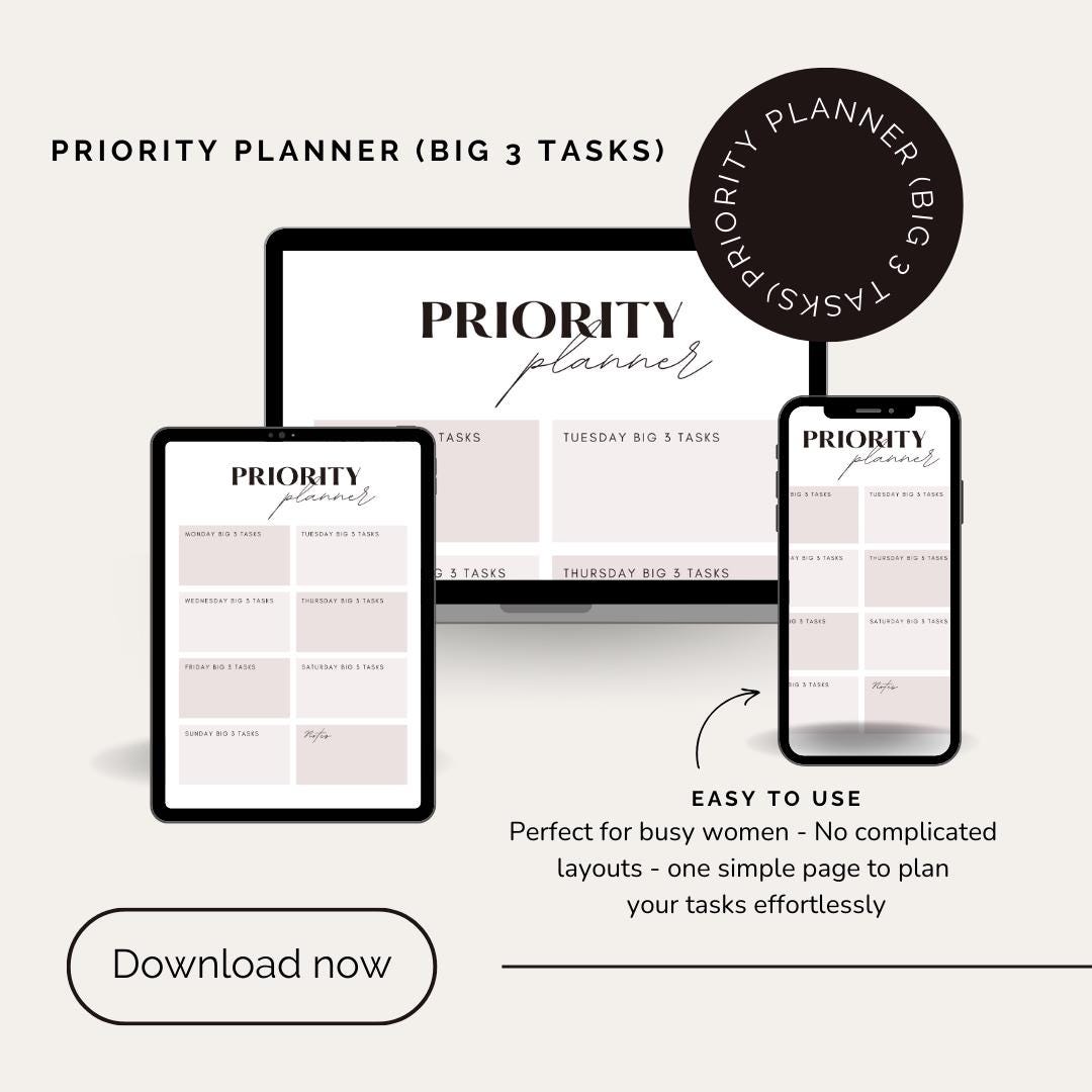 Daily Priority Planner Printable | Big 3 Tasks Focus Sheet | Simple ...