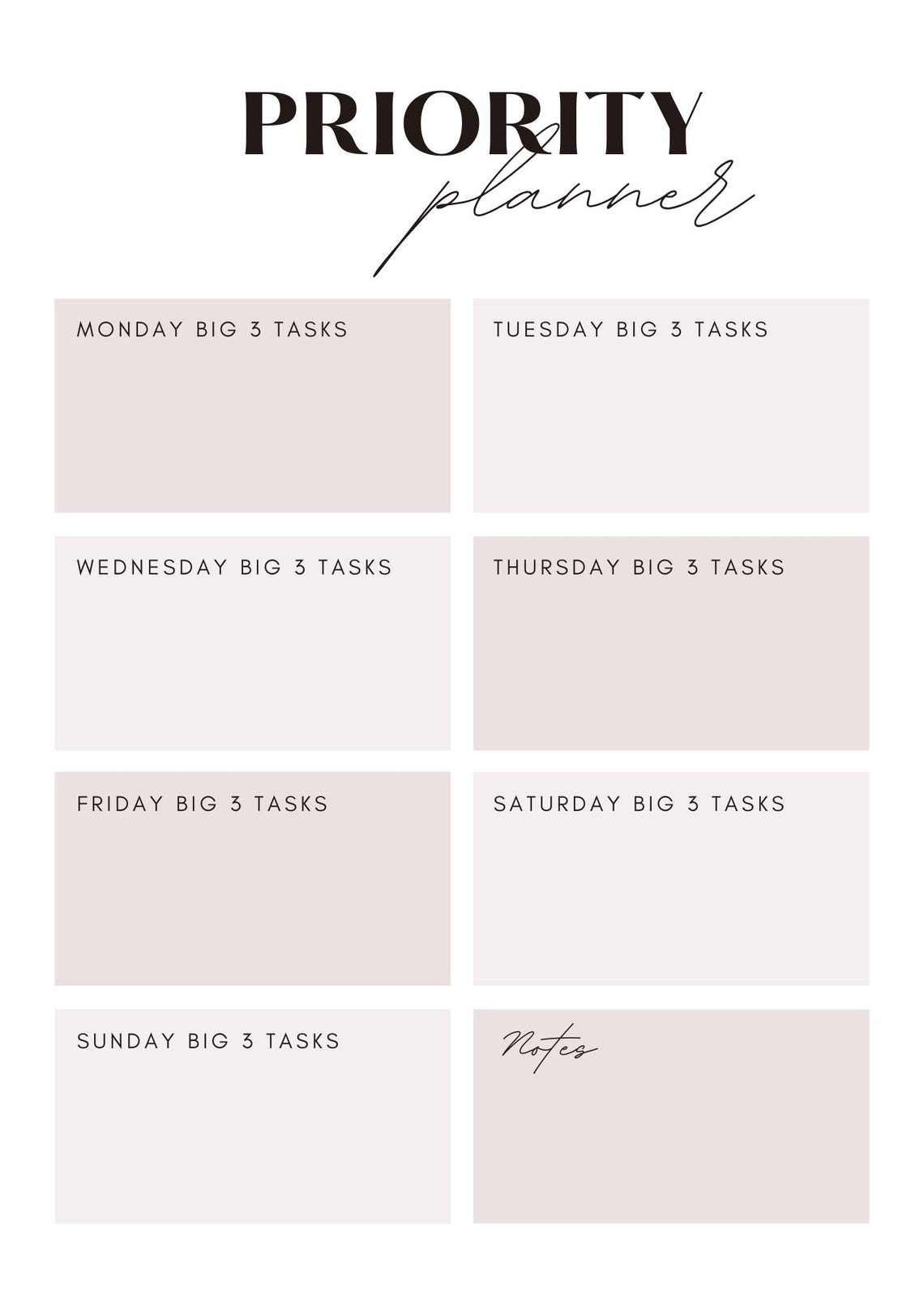 Daily Priority Planner Printable | Big 3 Tasks Focus Sheet | Simple ...