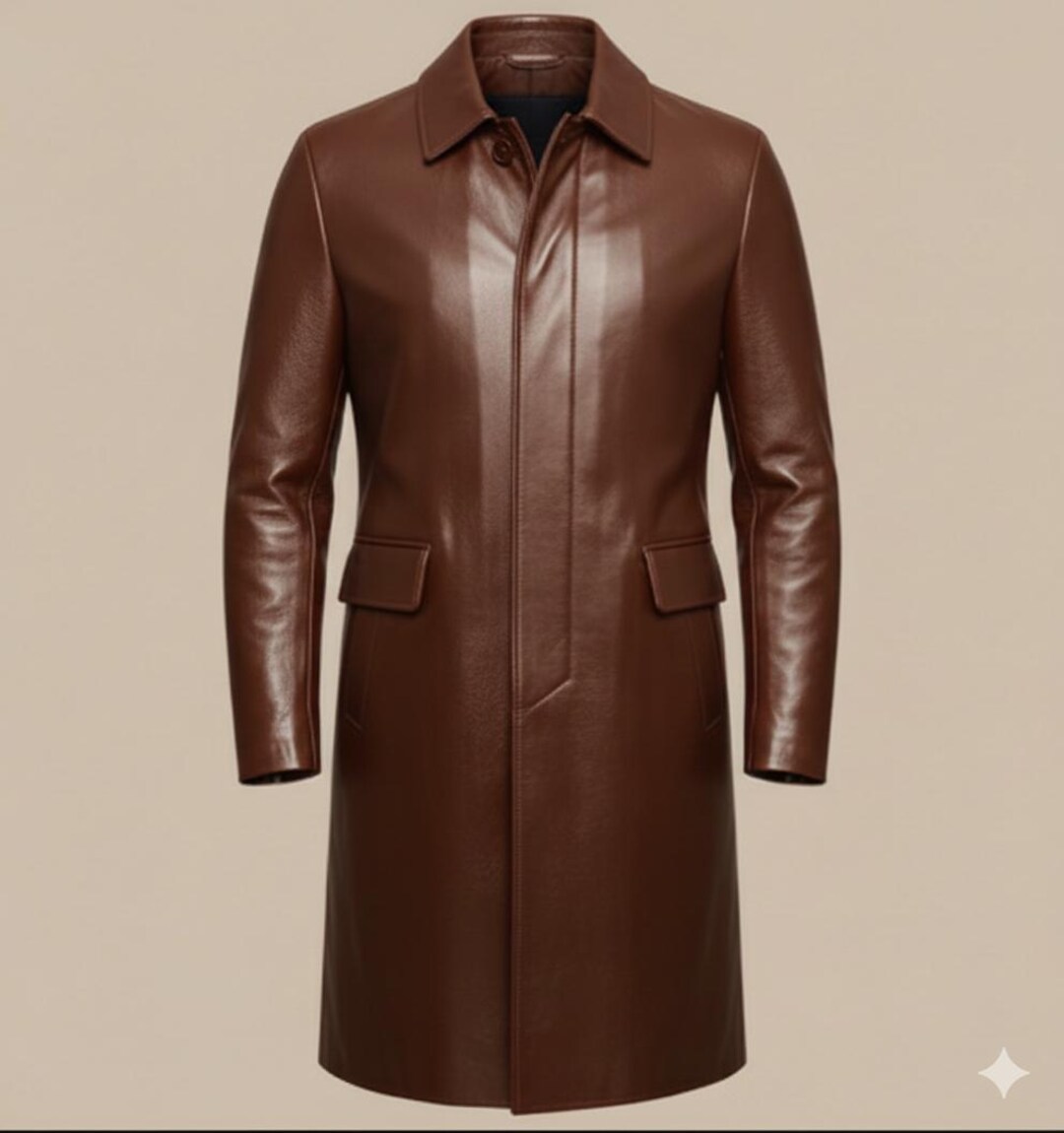 Men's Brown Leather Car Coat | Mid-length Gloss Finish Overcoat - Etsy