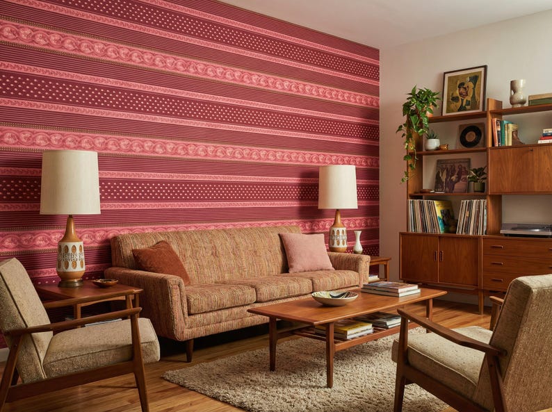 Burgundy French Country Wallpaper | Vintage Floral Stripe | Peel and ...