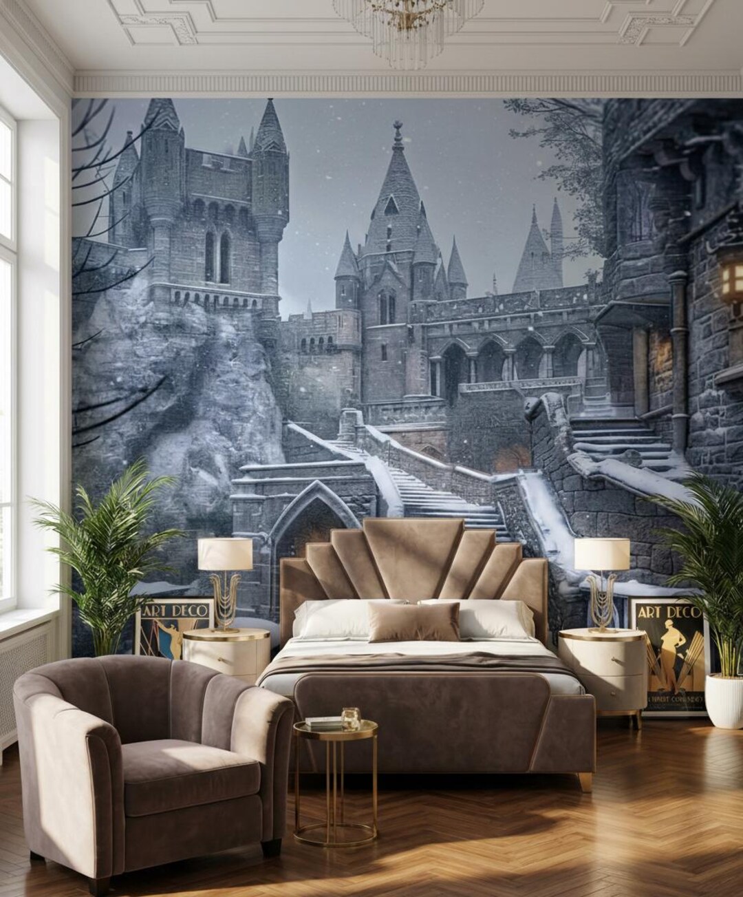 Snowy Castle Wallpaper | Wizard School Mural | Dark Academia Winter ...