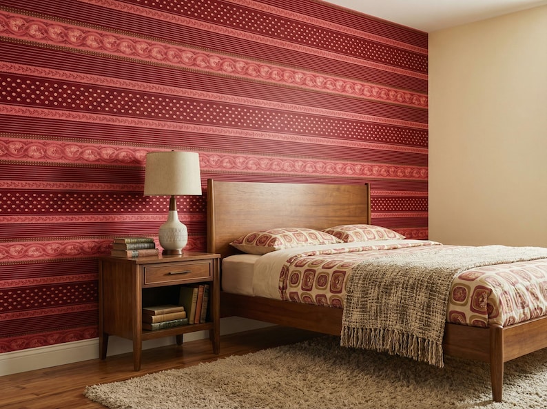 Burgundy French Country Wallpaper | Vintage Floral Stripe | Peel and ...