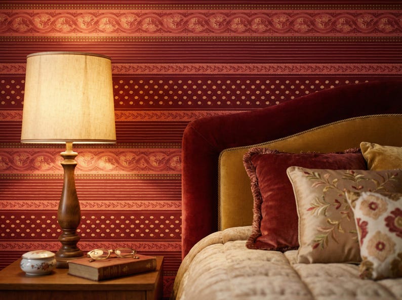 Burgundy French Country Wallpaper | Vintage Floral Stripe | Peel and ...