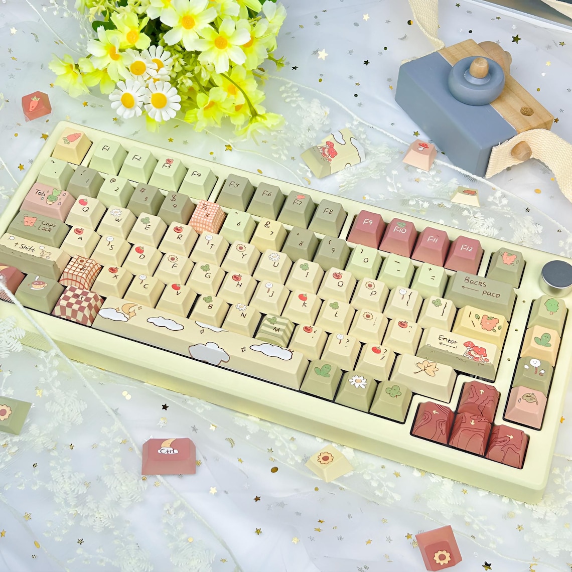 Cute Khaki Keycaps Set – Green Kawaii Custom Artisan PBT Keycaps for ...